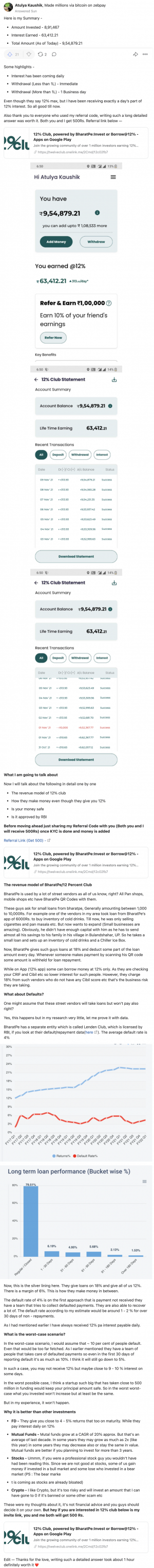 12 Percent club Bharatpe Review (After 4 months of investing)